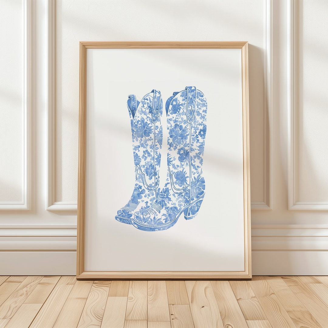 Coastal Blue Cowboy Boots Print Light Blue Cowboy Boots Wall Art ...