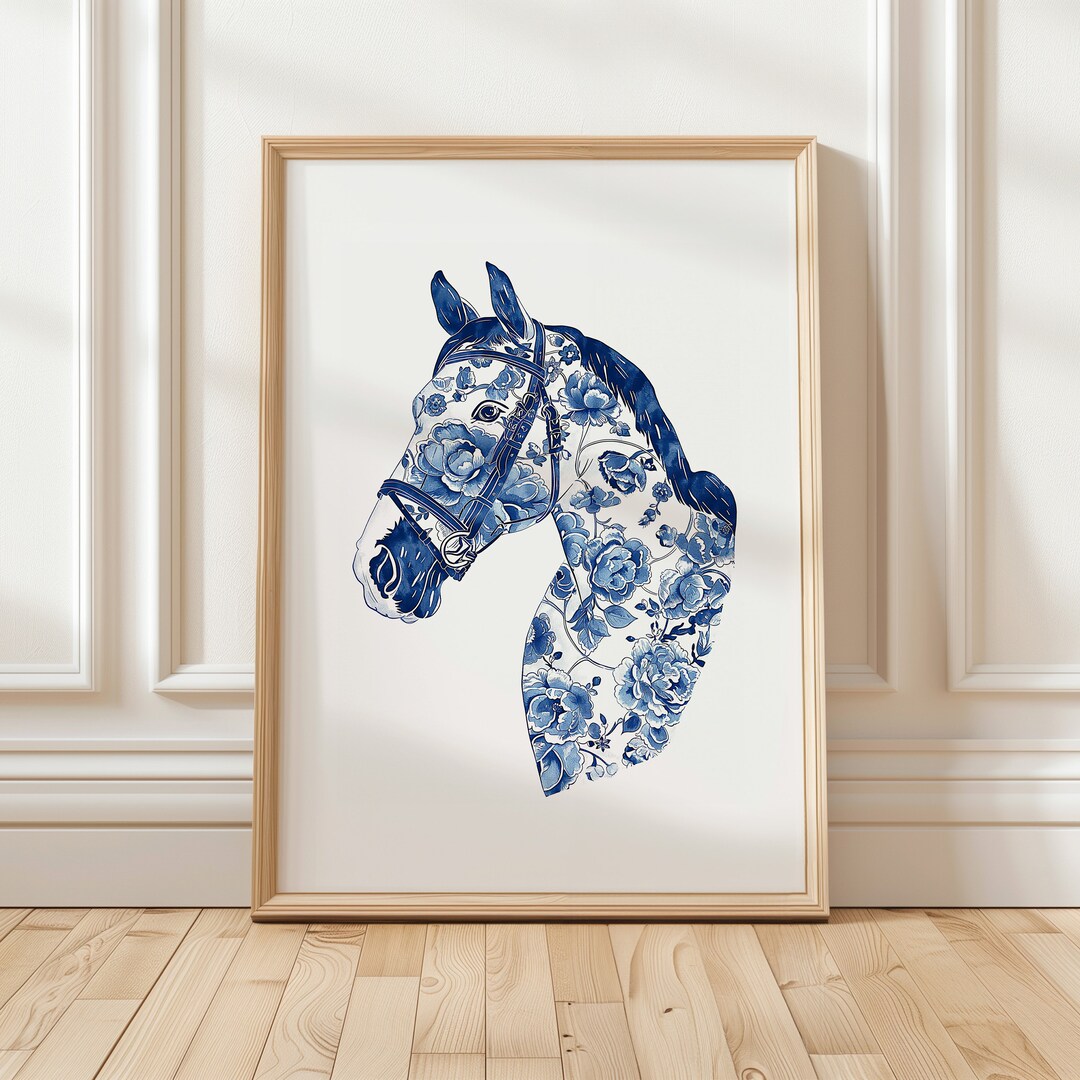 Floral Western Horse Print, Blue Retro Prints Home Deco, Preppy Dorm ...