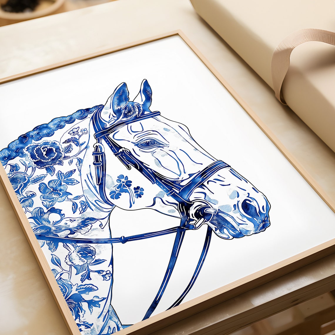 Blue Floral Horse Print, Blue Retro Prints Home Deco, Preppy Dorm Room ...