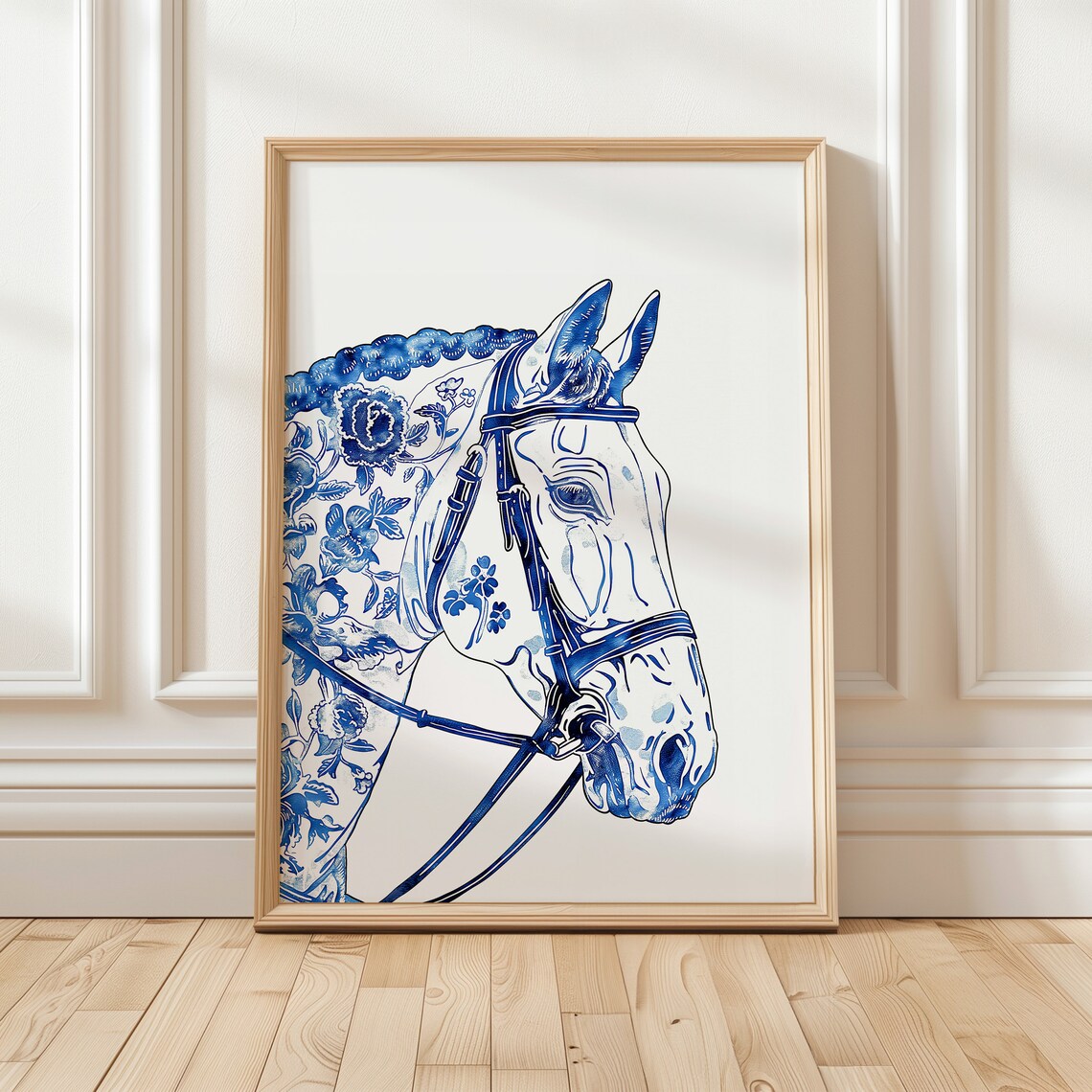 Blue Floral Horse Print, Blue Retro Prints Home Deco, Preppy Dorm Room ...
