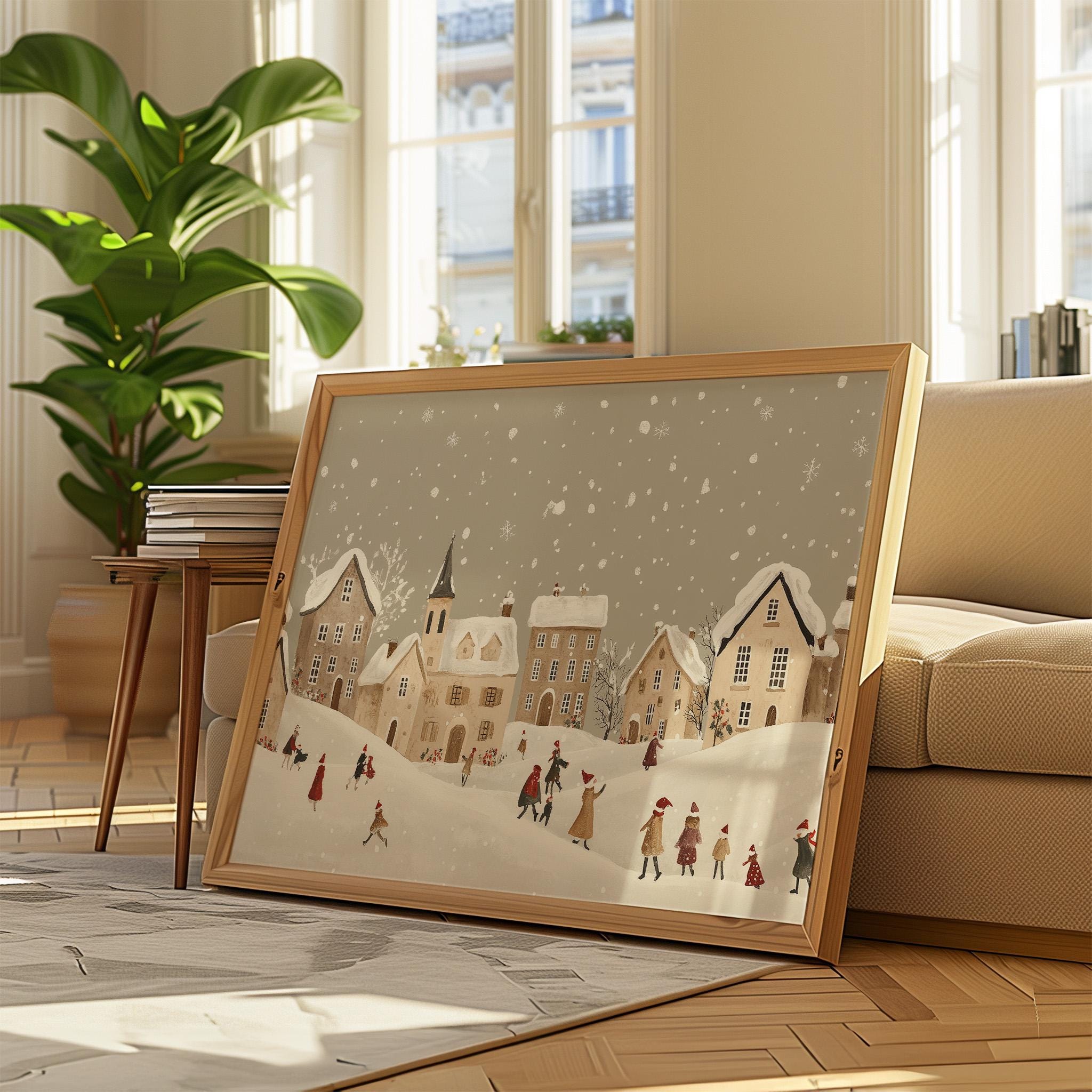 Vintage Village Christmas Printed Wall Art, Snowy Winter Town Landscape ...