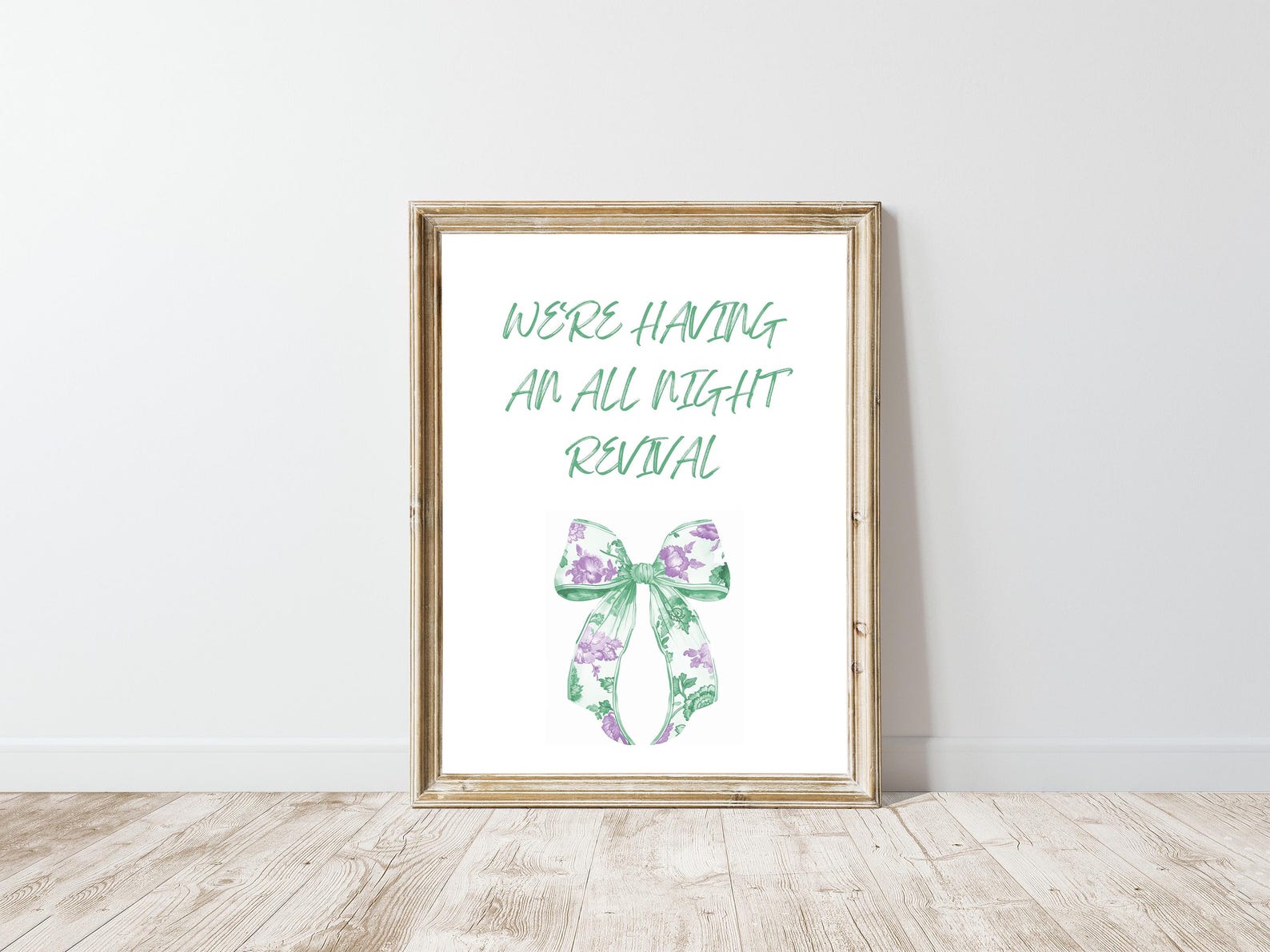 Sage Green Coquette Bow Prints Wall Art, All Night Revival Blue Text ...