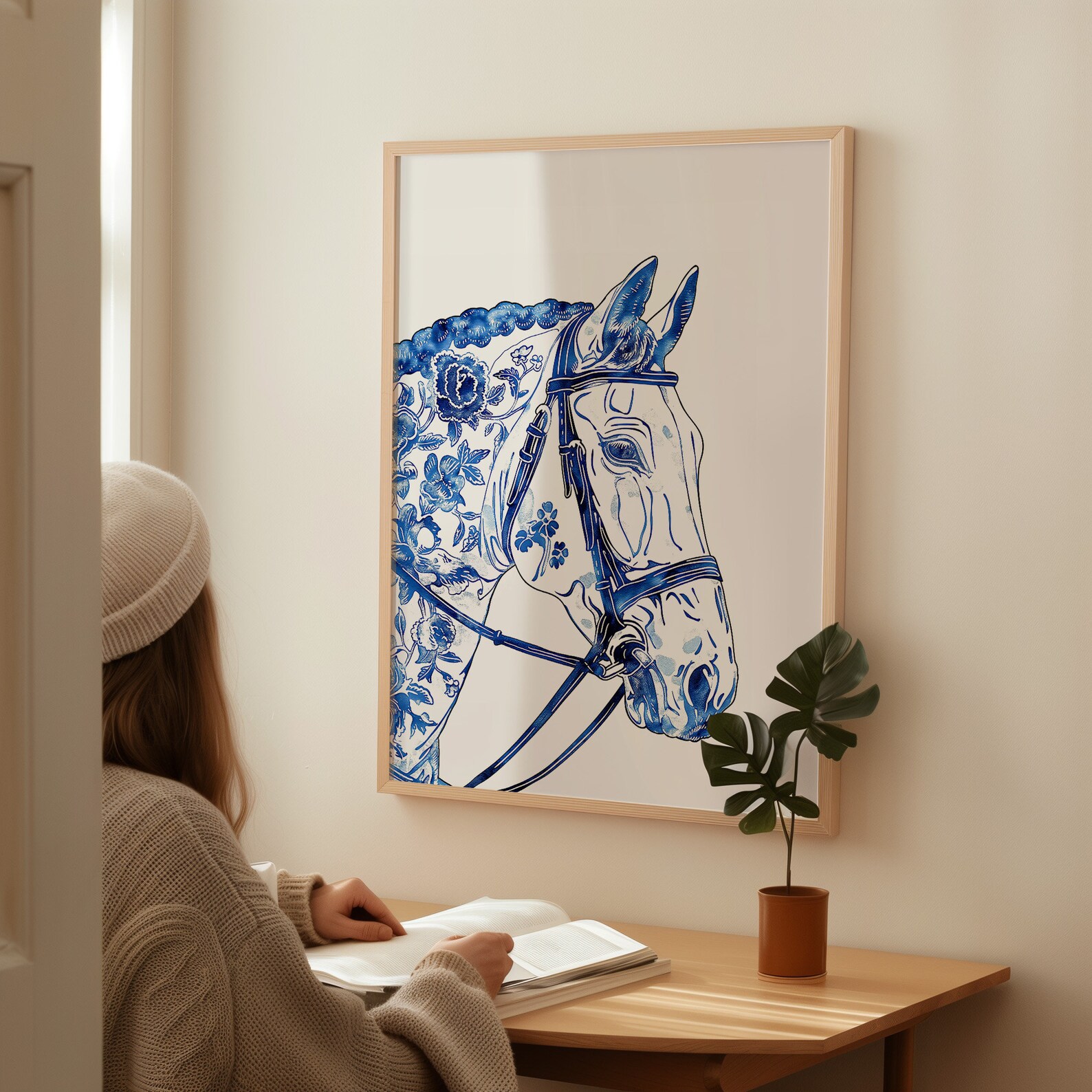 Blue Floral Horse Print, Blue Retro Prints Home Deco, Preppy Dorm Room ...
