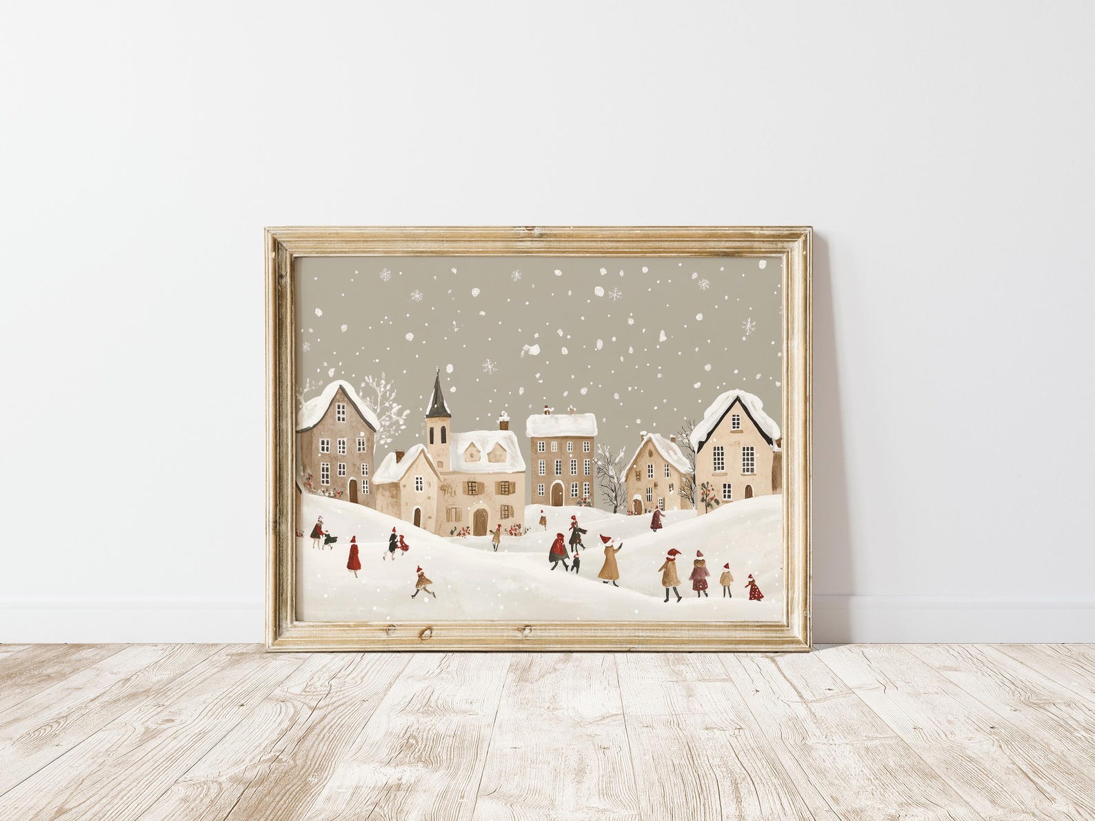 Vintage Village Christmas Printed Wall Art, Snowy Winter Town Landscape ...