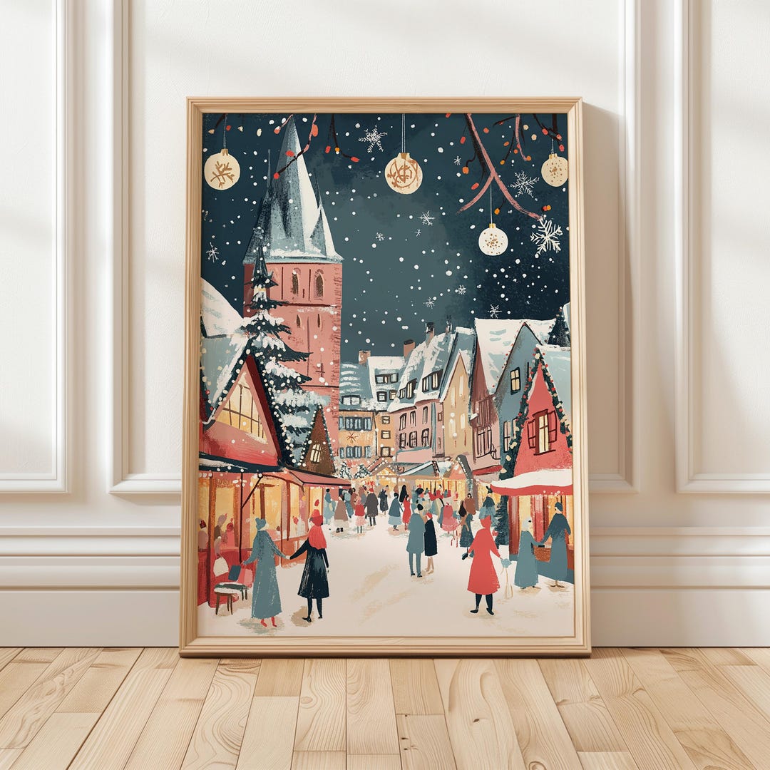 Vintage Village Christmas Printable Wall Art | Winter Town Landscape ...