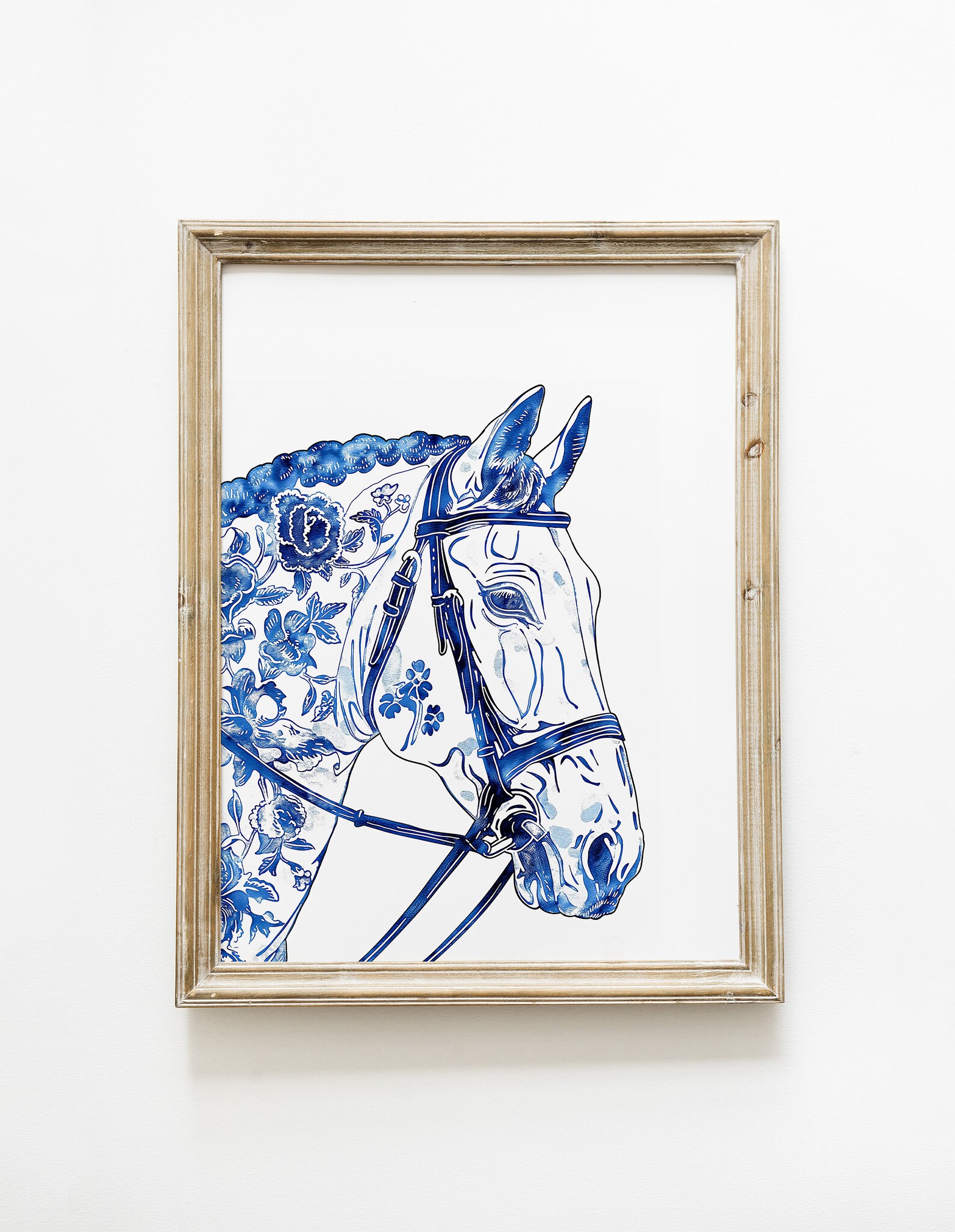 Blue Floral Horse Print, Blue Retro Prints Home Deco, Preppy Dorm Room ...