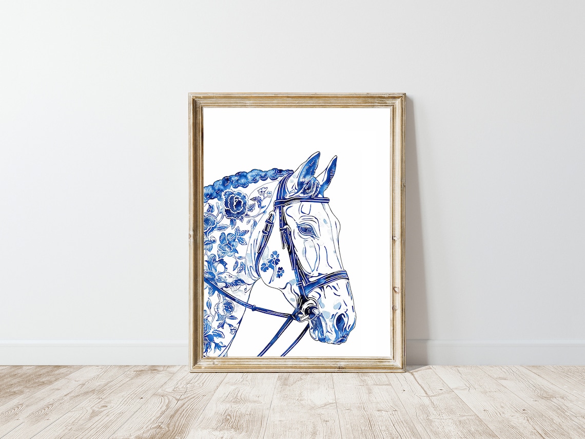 Blue Floral Horse Print, Blue Retro Prints Home Deco, Preppy Dorm Room ...