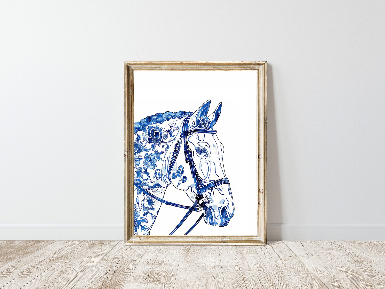 Blue Floral Horse Print, Blue Retro Prints Home Deco, Preppy Dorm Room ...