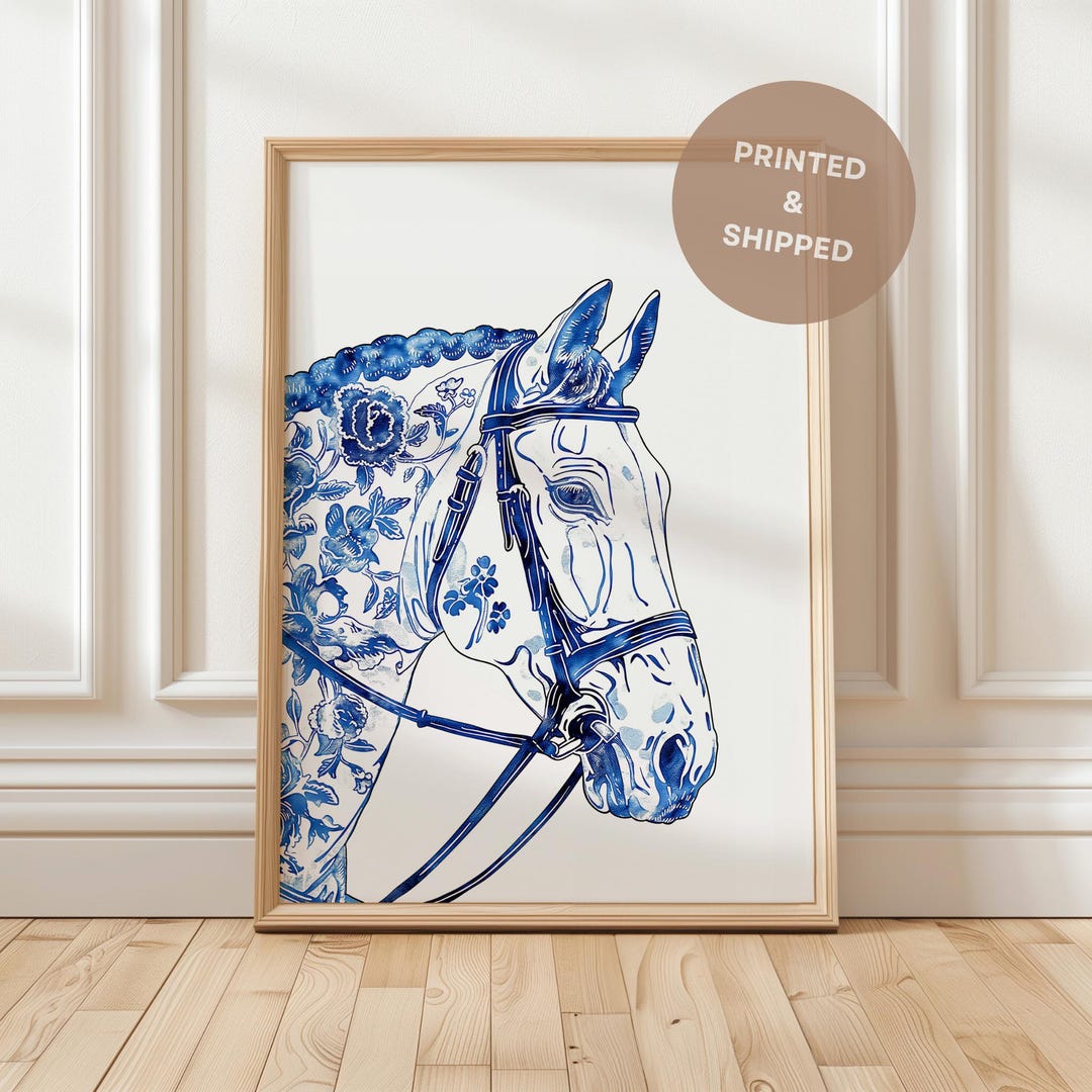 Blue Floral Horse Print, Blue Retro Prints Home Deco, Preppy Dorm Room ...