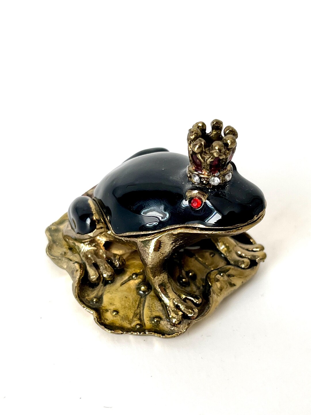 Bejeweled Black Enamel Frog King or Prince on Bronze Lily Pad and Crown ...