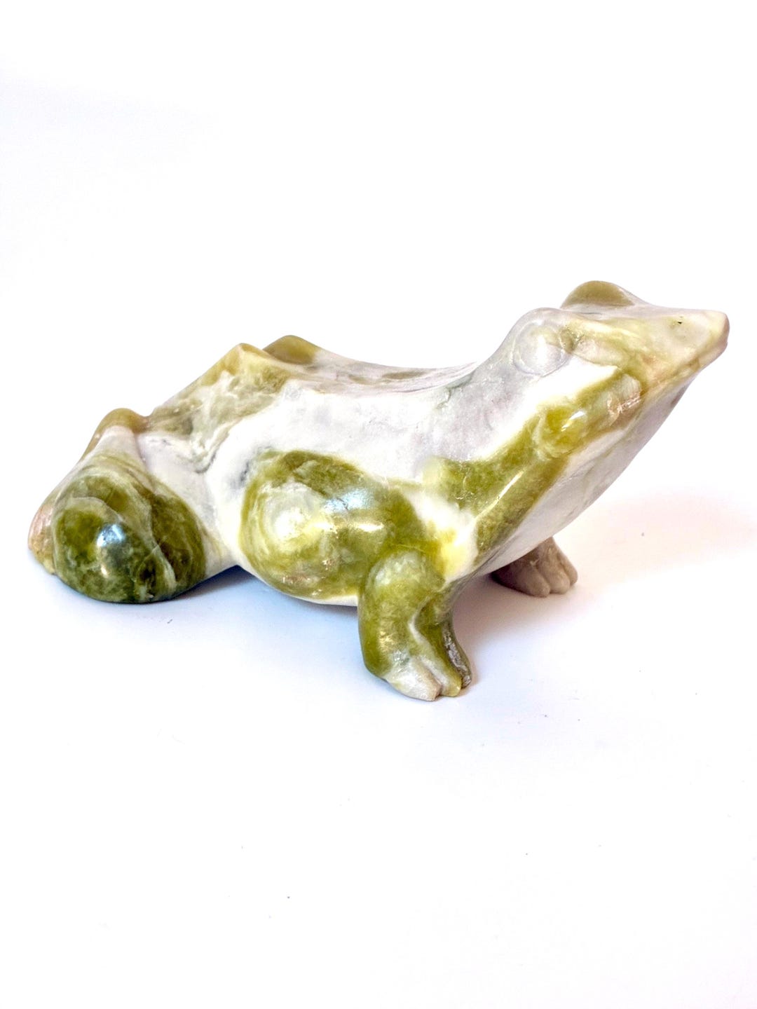 Vintage Cream and Jade Green Stone Frog Sculpture 4” Long, Hand Carved ...