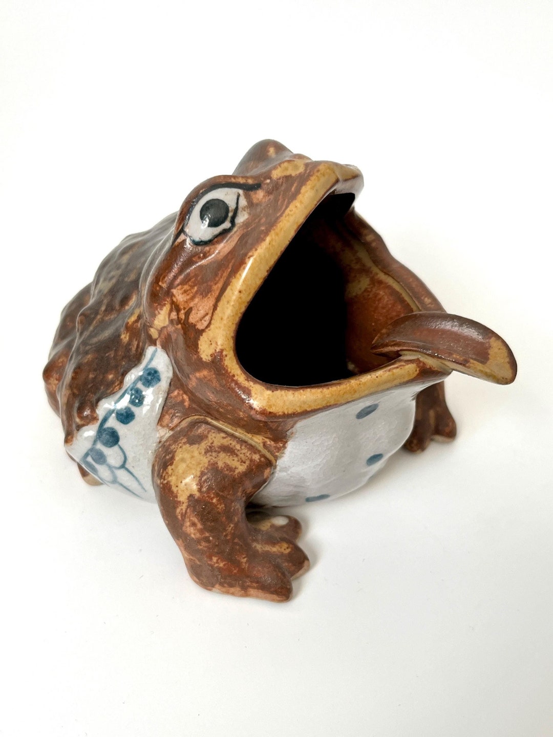 Vintage Japanese Stoneware Frog Ashtray, Brown Blue and White Hand ...