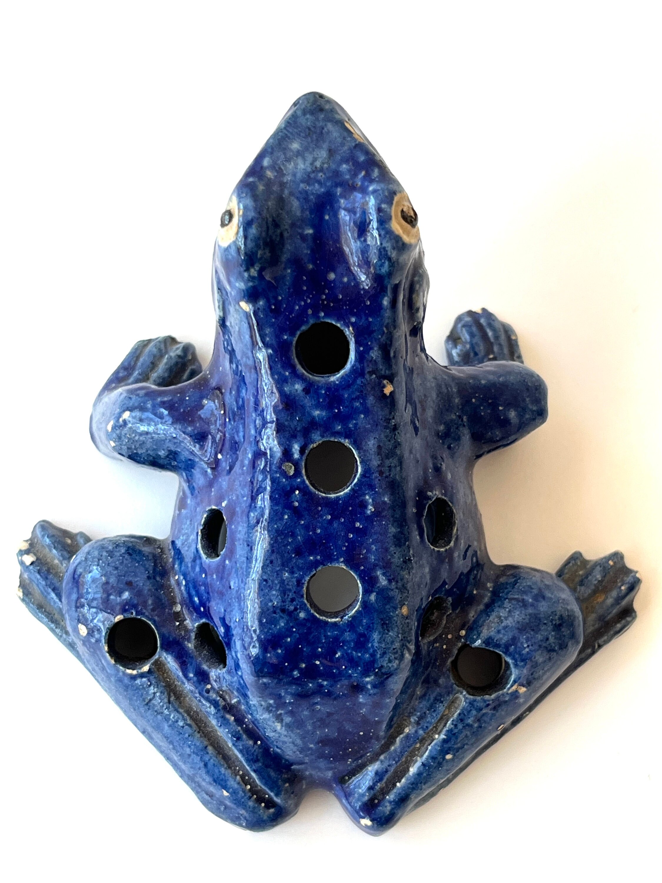 Old Ceramic Frog With Cobalt Blue Glaze Figurine With Holes, Ceramic ...