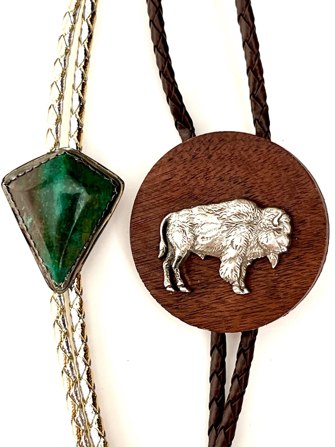 Cool Vintage Bolo Ties, Silver Tone Bison on Wood & Kite Shaped Green ...