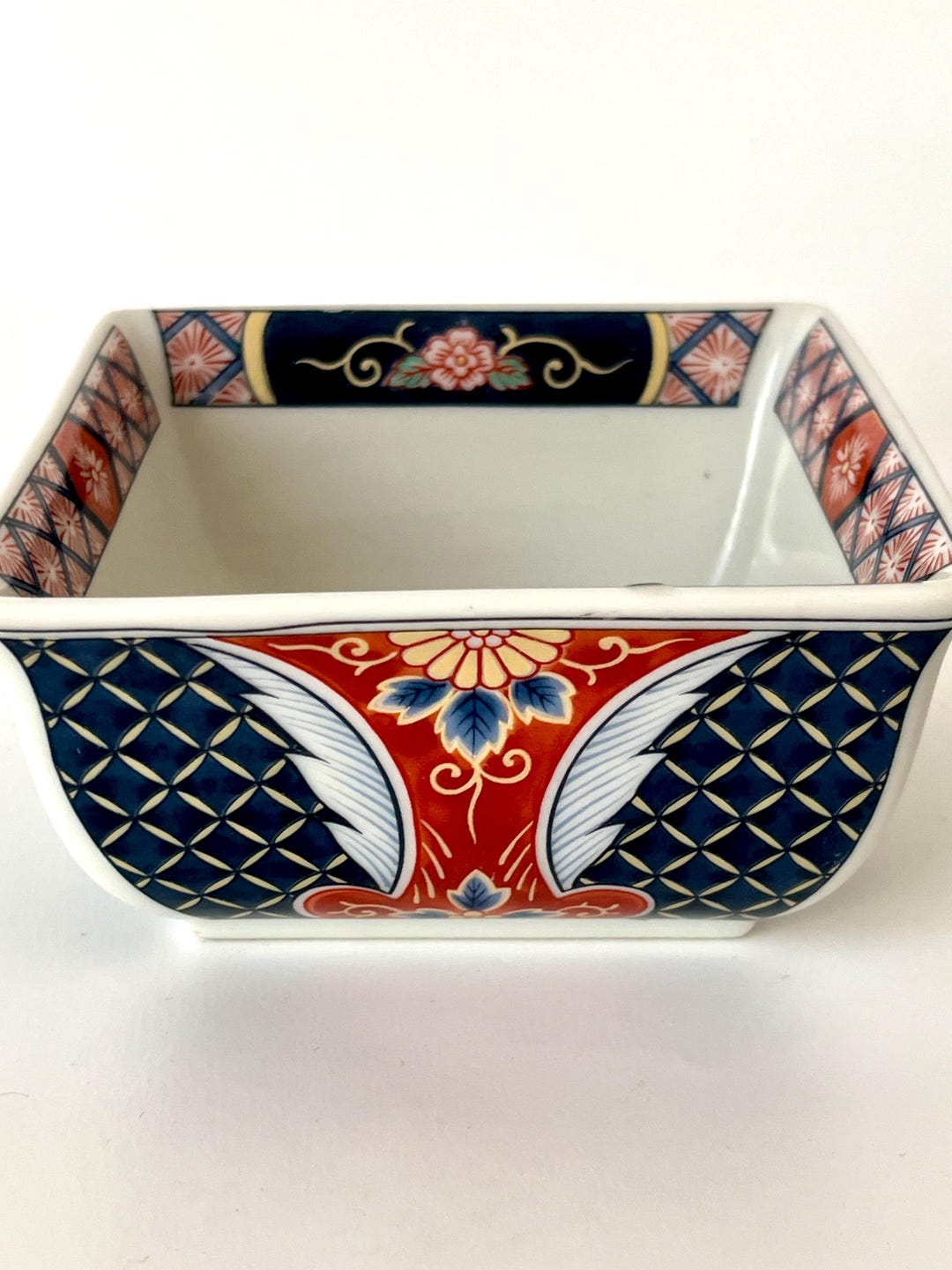 Vintage Small Japanese 4 Square Bowl, Red Blue Green Colorful Flowers ...