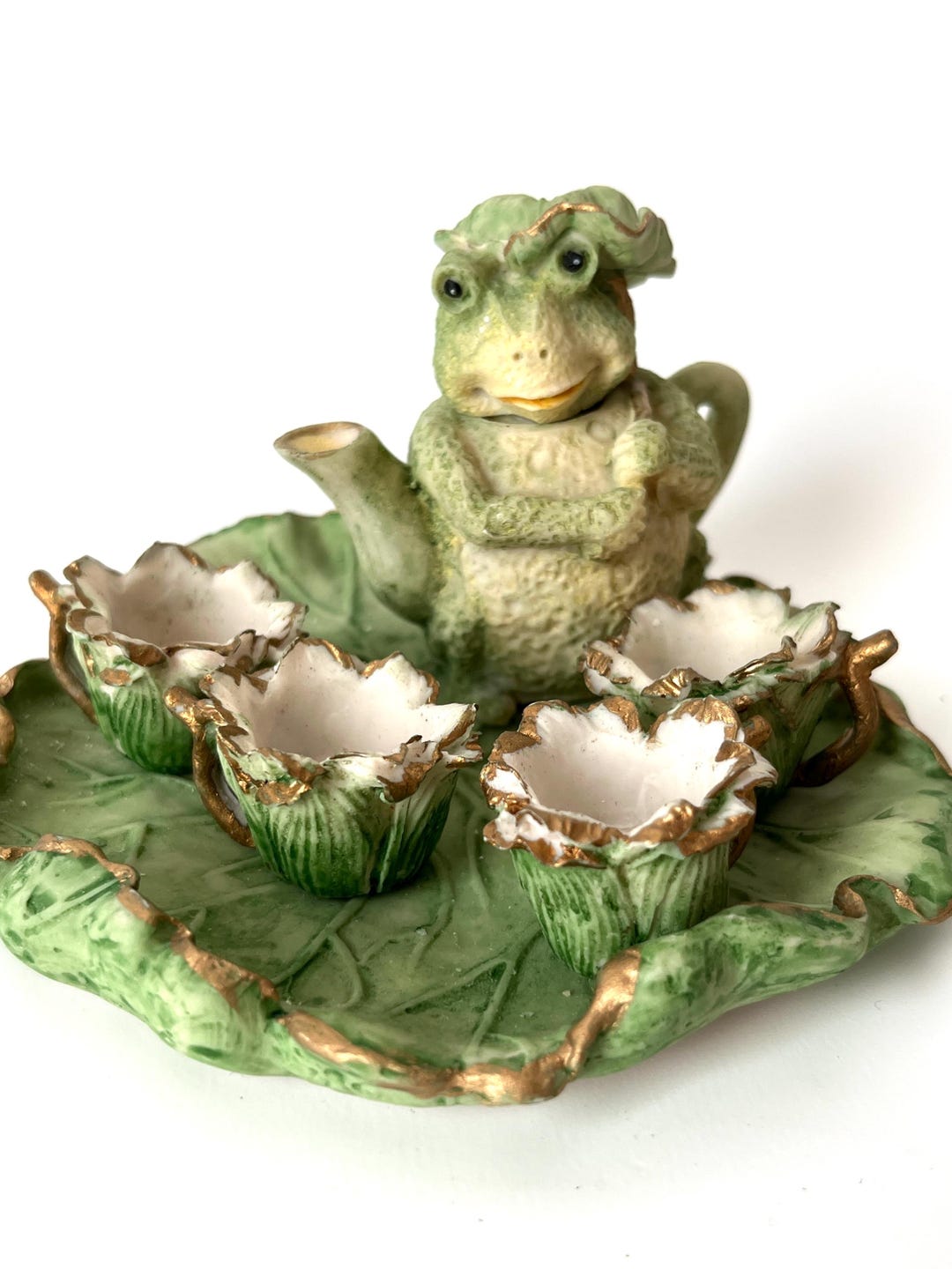 Rare Miniature Hand Painted Frog Tea Set on Lily Pad Tray, Fairy ...