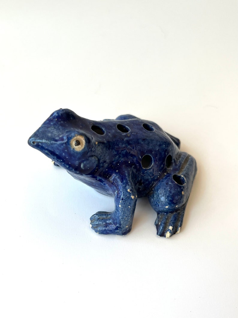 Old Ceramic Frog With Cobalt Blue Glaze Figurine With Holes, Ceramic ...