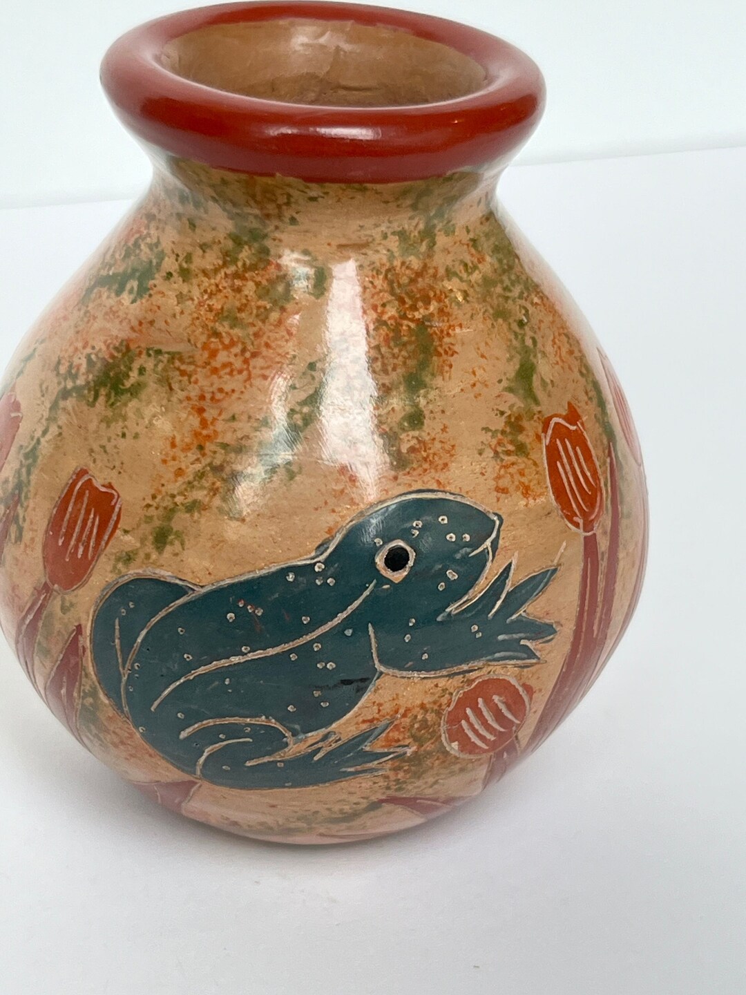 Small Pottery Vase Three Frogs Etched Hand-painted Pot Dark Green Brown ...