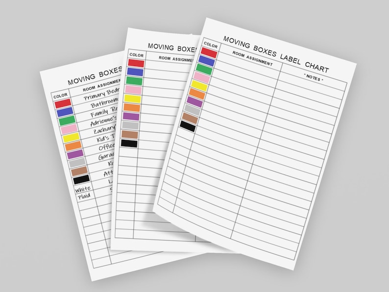 Moving Box Color Coded Key Chart, Color Coded Moving Box Room Tracker ...