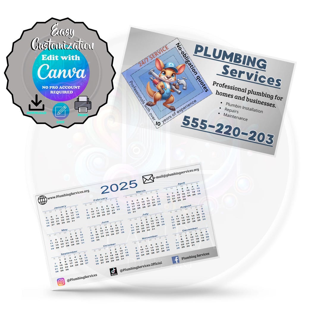 Editable Plumbing Business Card Template- Edit Canva- 2025 Calendar for ...
