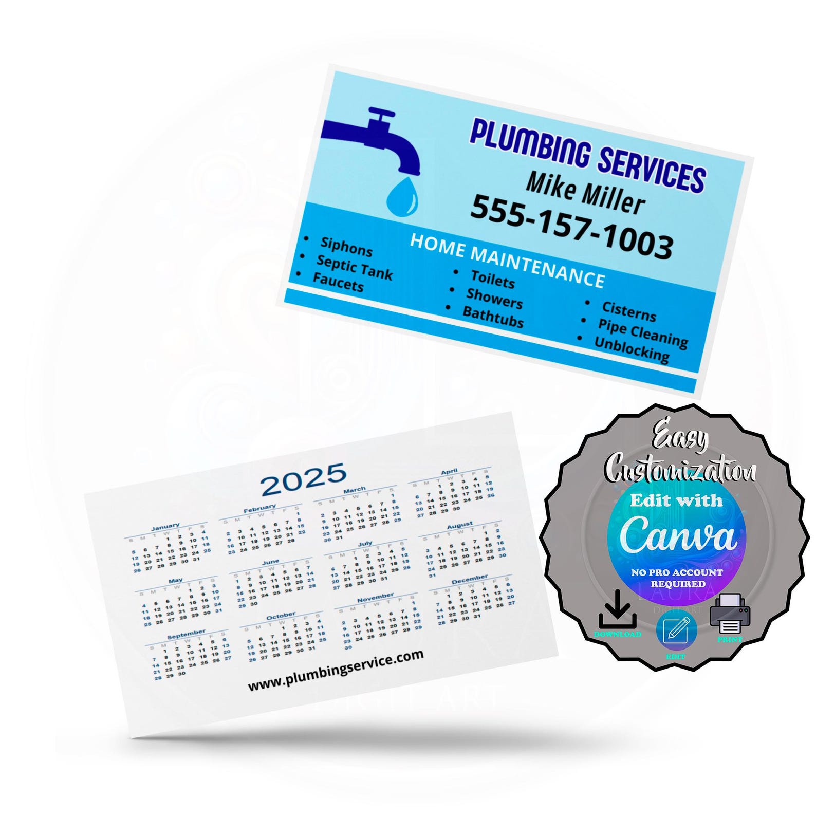 Editable Plumbing Business Card Template Edit Canva 2025 Calendar for ...