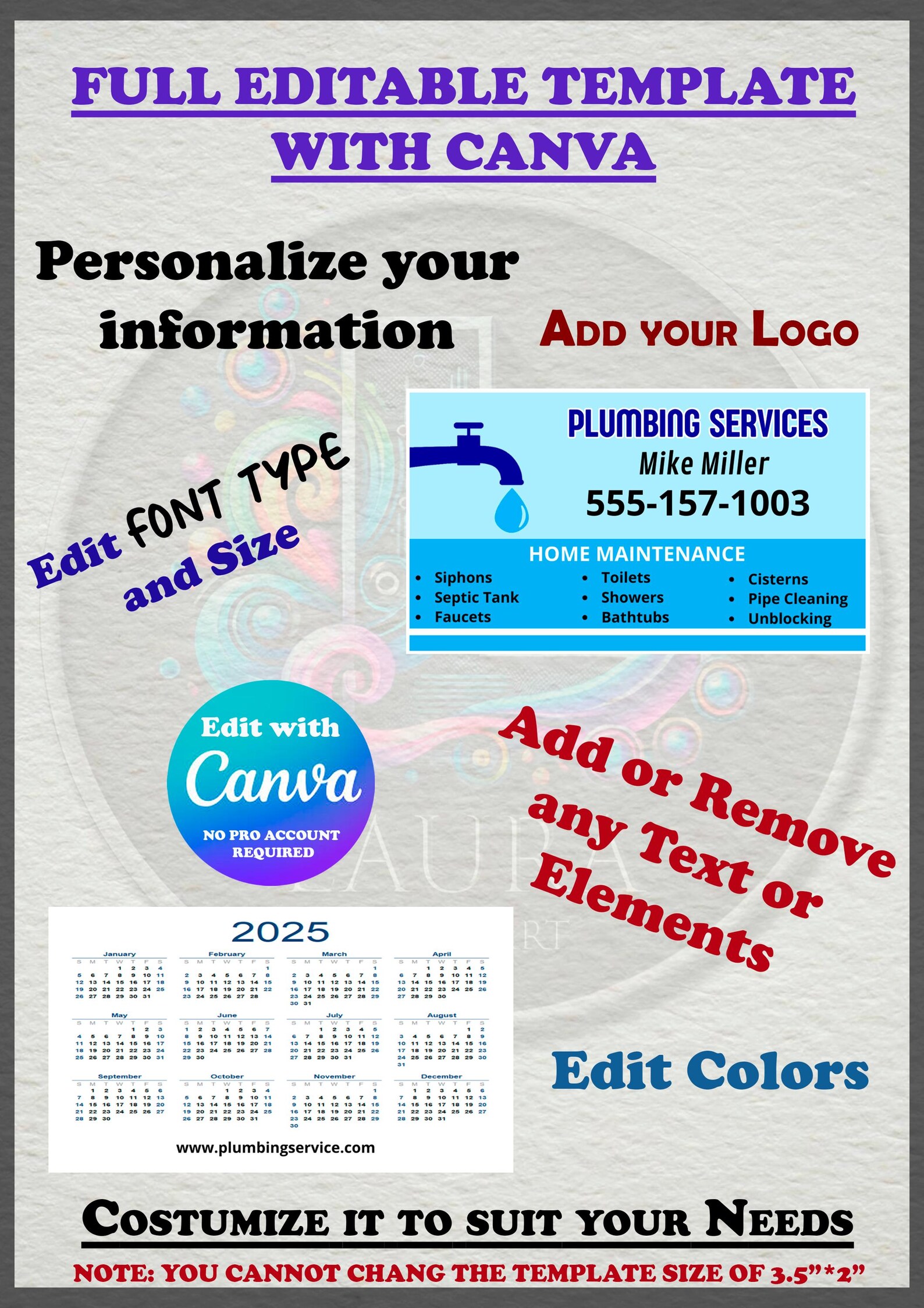 Editable Plumbing Business Card Template Edit Canva 2025 Calendar for ...