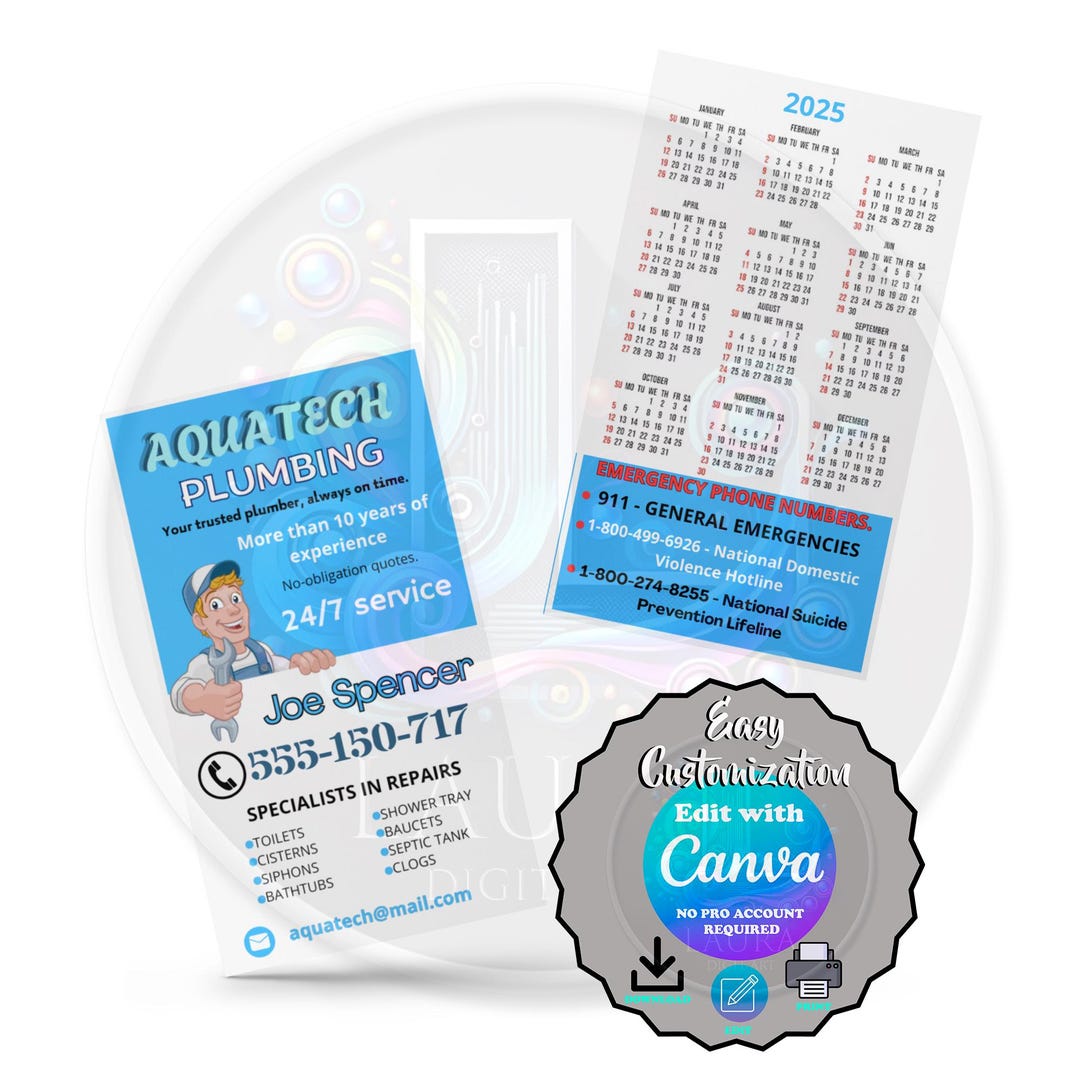 Editable Plumbing Business Card Template- Edit Canva- 2025 Calendar for ...