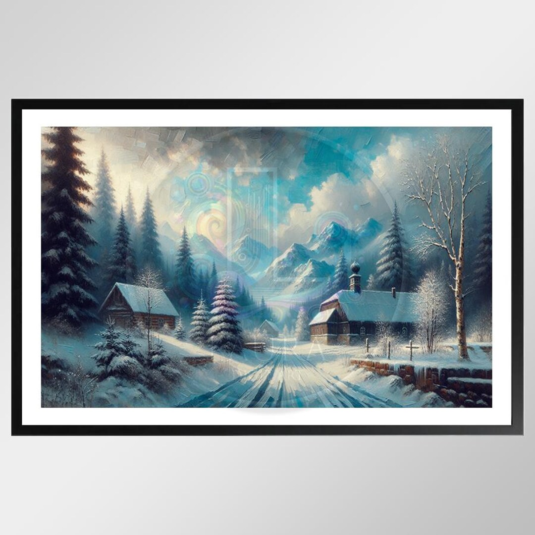 Rustic Winter Scene With Snowy Church and Cabin: Download, Print, and ...