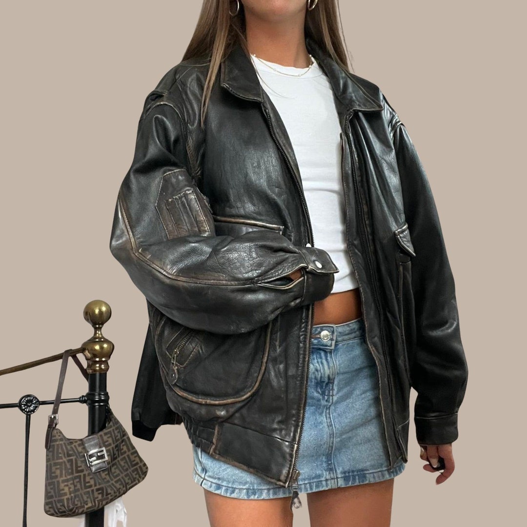 Women's Oversized Leather Jacket 90s Vintage A2 Distressed Dark Brown Military Style Leather ...