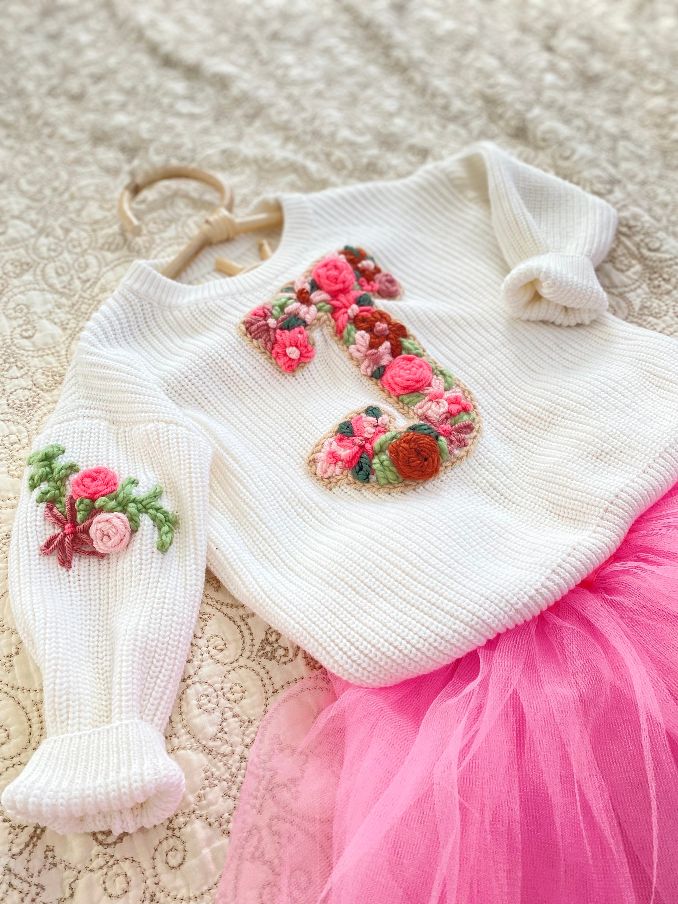 CUSTOM Hand Embroidered Floral Initial or Number Sweater - Etsy