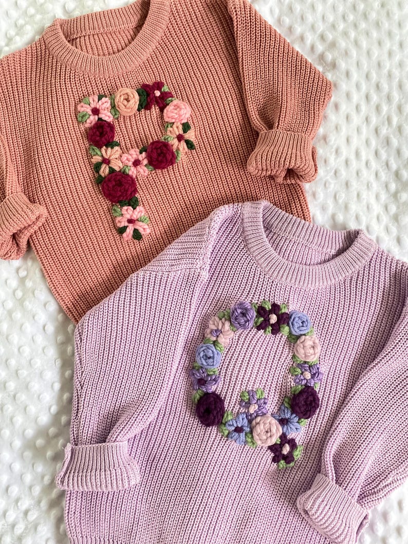 CUSTOM Hand Embroidered Floral Initial or Number Sweater - Etsy