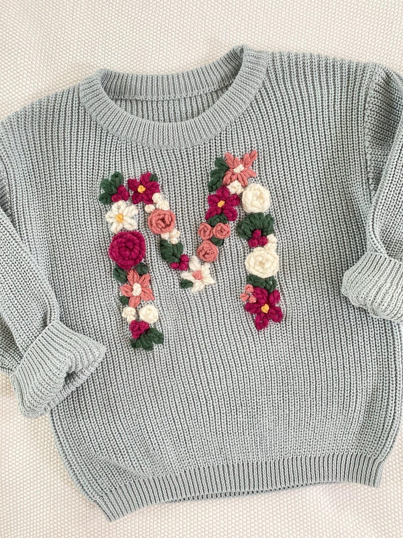 CUSTOM Hand Embroidered Floral Initial or Number Sweater - Etsy