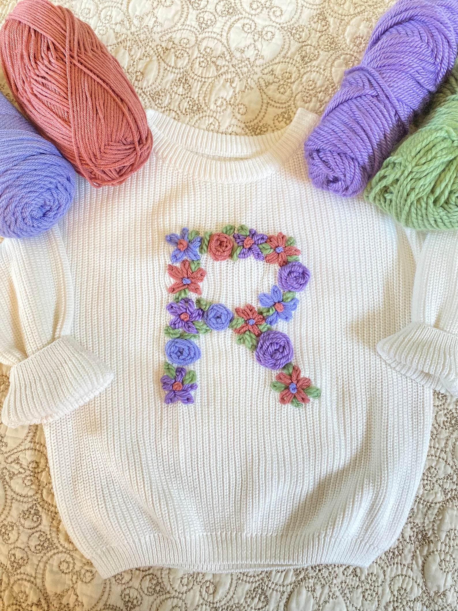CUSTOM Hand Embroidered Floral Initial or Number Sweater - Etsy