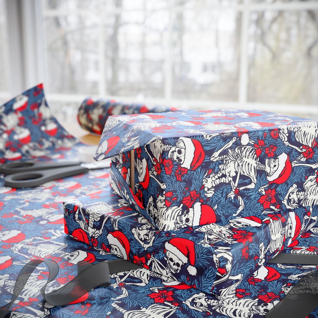 Skeletons With Santa Hat Wrapping Paper Funny Christmas Spooky Holiday ...