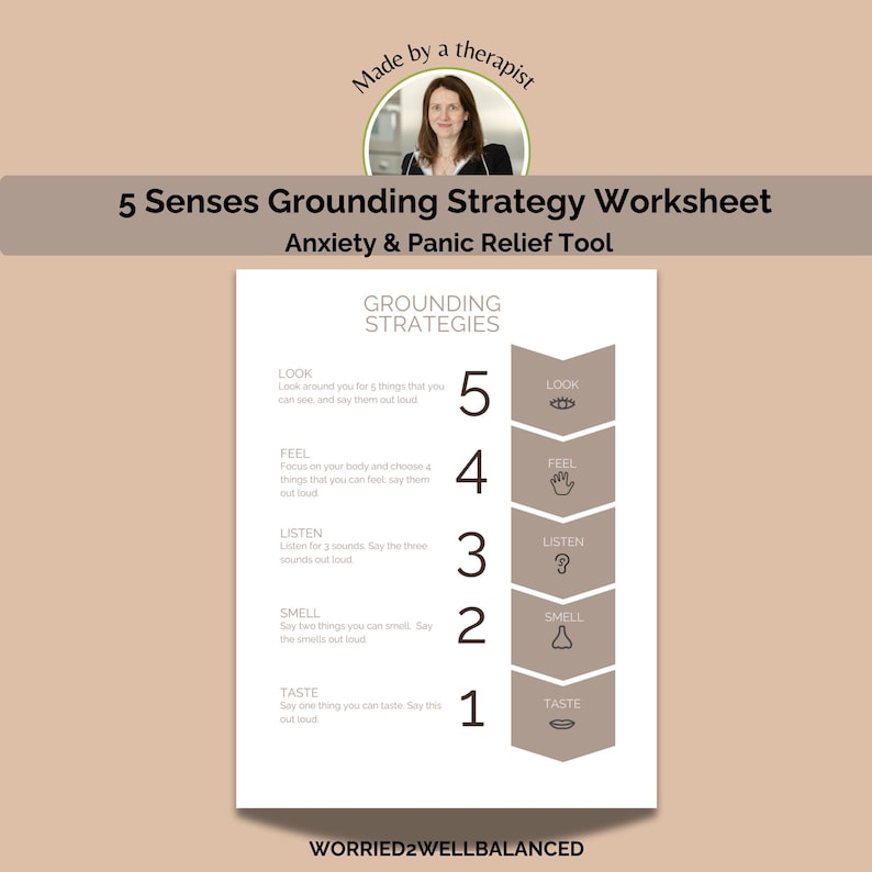 5 Senses Grounding Worksheet Anxiety Panic Stress Relief Sensory ...