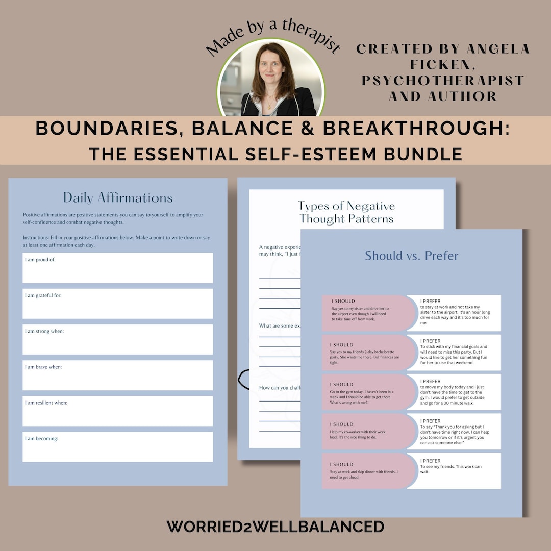 Self Esteem Workbook Boundaries Setting CBT Worksheets Anxiety Relief ...