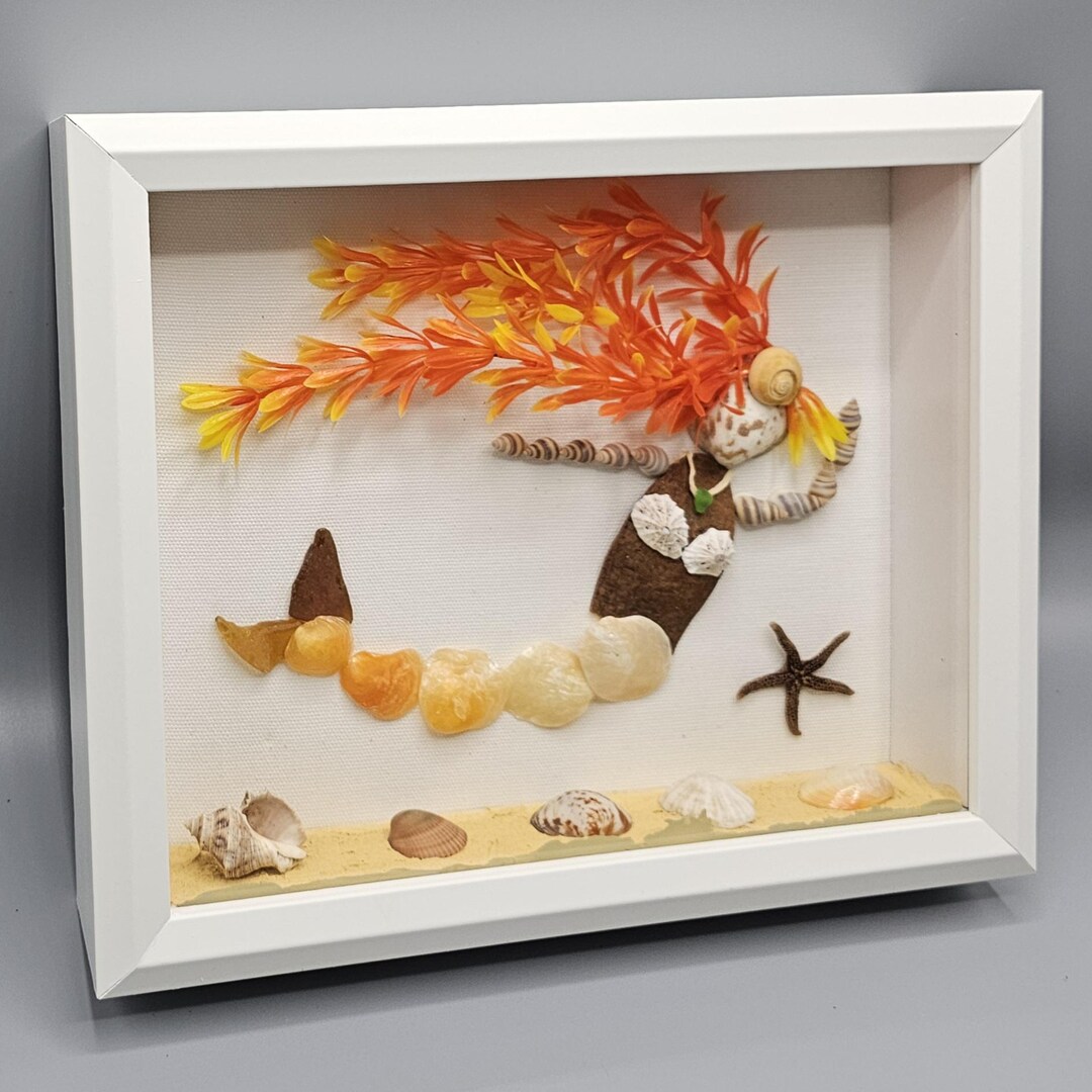 Mermaid Seashell and Glass Art in Shadow Box Frame One-of-a-kind ...