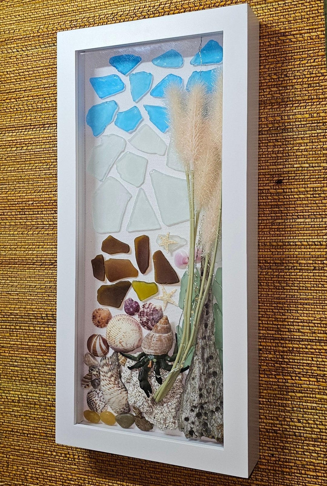 Has Lights! | Beach Theme Shadow Box | Sea Glass Wall Decor With Hermit ...
