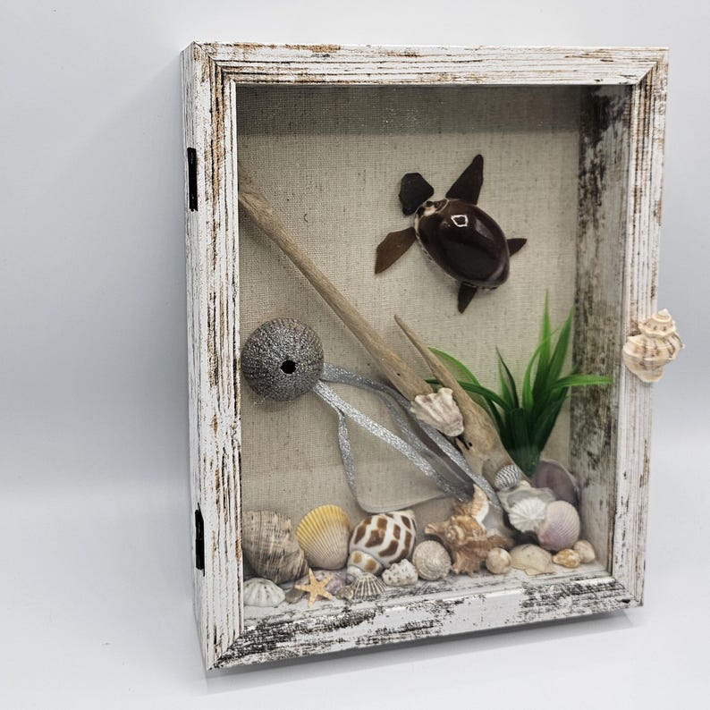Sea Turtle and Jellyfish Seashell and Glass Art in Shadow Box Frame One ...