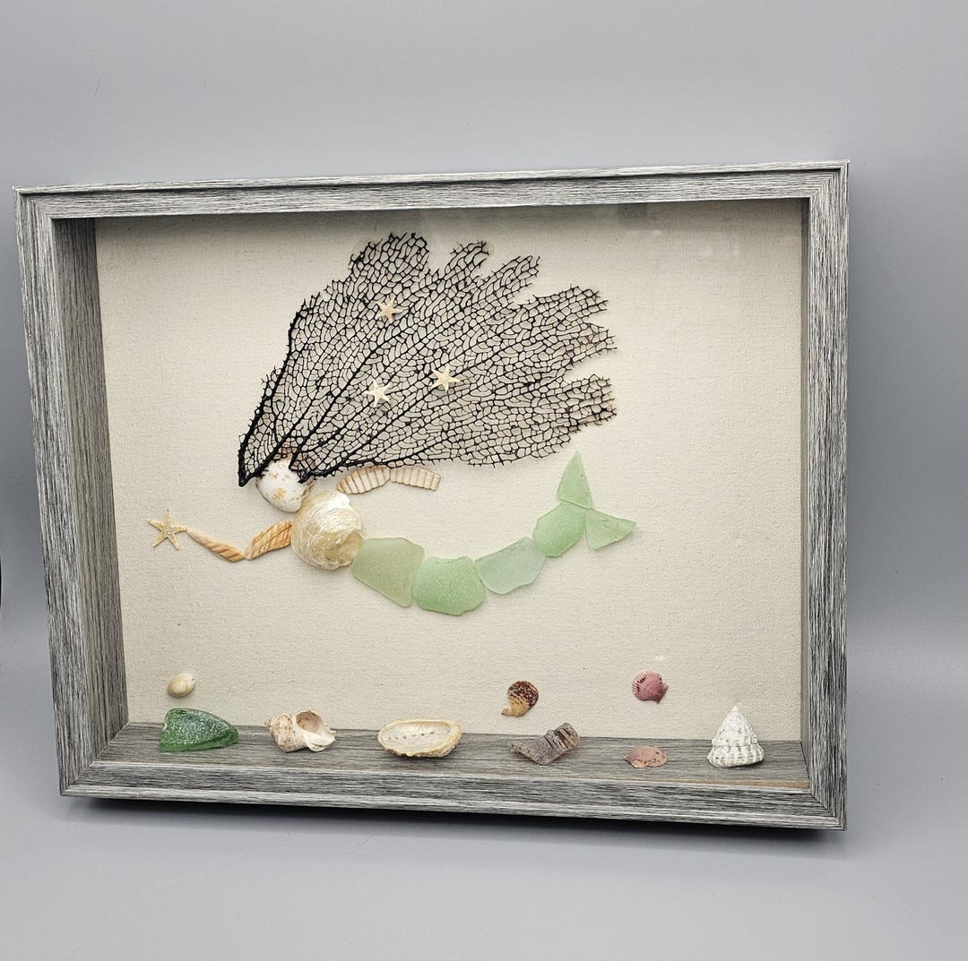 11x14 Genuine Sea Glass and Sea Fan Mermaid | Lime Cream Green ...
