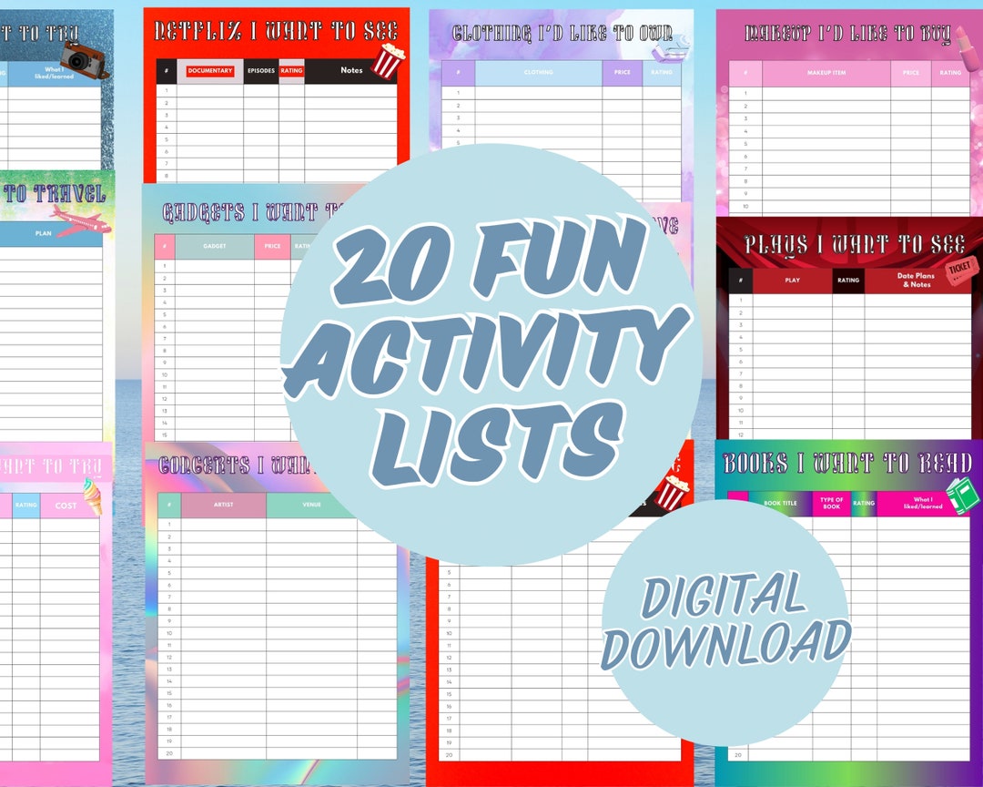 20 Fun Activity Lists. Keep Track of Your Life. Instant Download ...