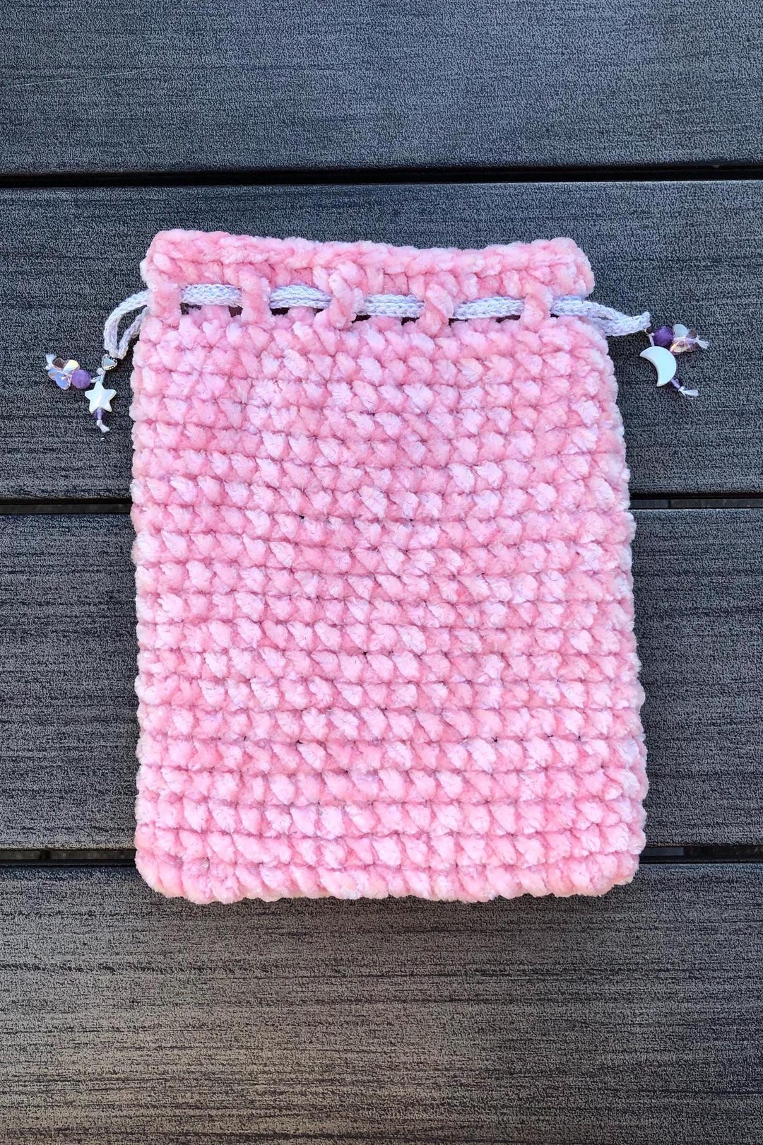 Pink M Velvet Crochet Drawstring Bag With Lining and Bead Embellishment ...