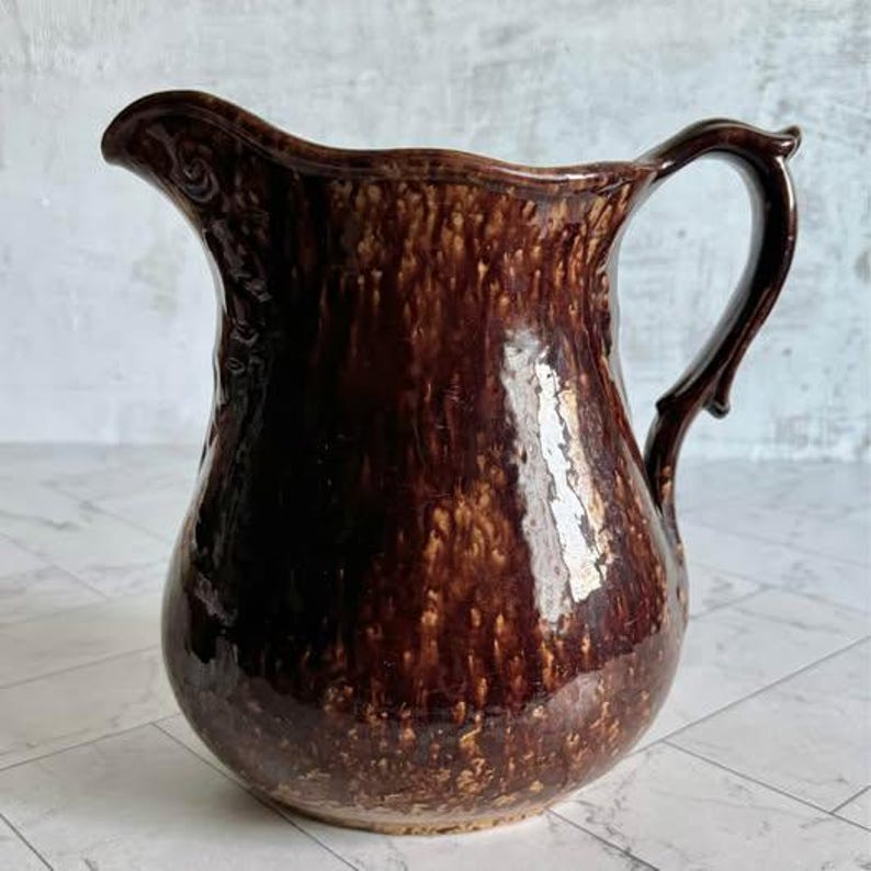 2 Antique Rockingham Glaze Yellow Ware Pieces - Large Pitcher & Bowl ...