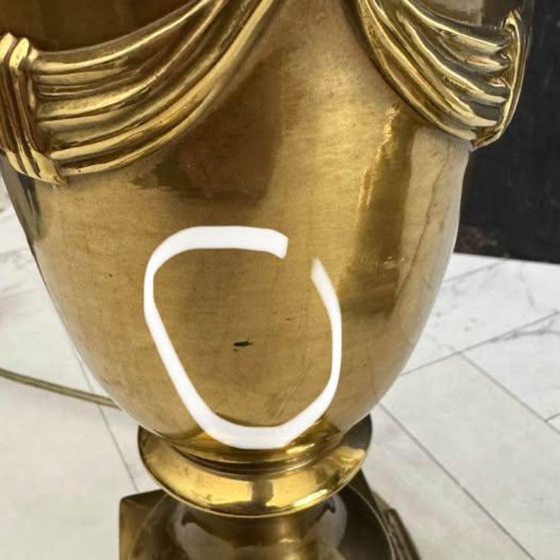 2 Matching Large Mid Century Brass Neoclassical Style Trophy Urn Table ...