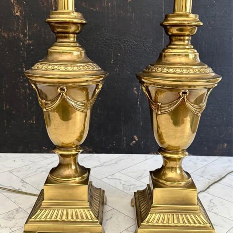 2 Matching Large Mid Century Brass Neoclassical Style Trophy Urn Table ...