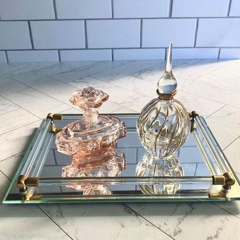 Vanity Mirror Tray With 2 Vintage Glass Perfume Bottles - Etsy