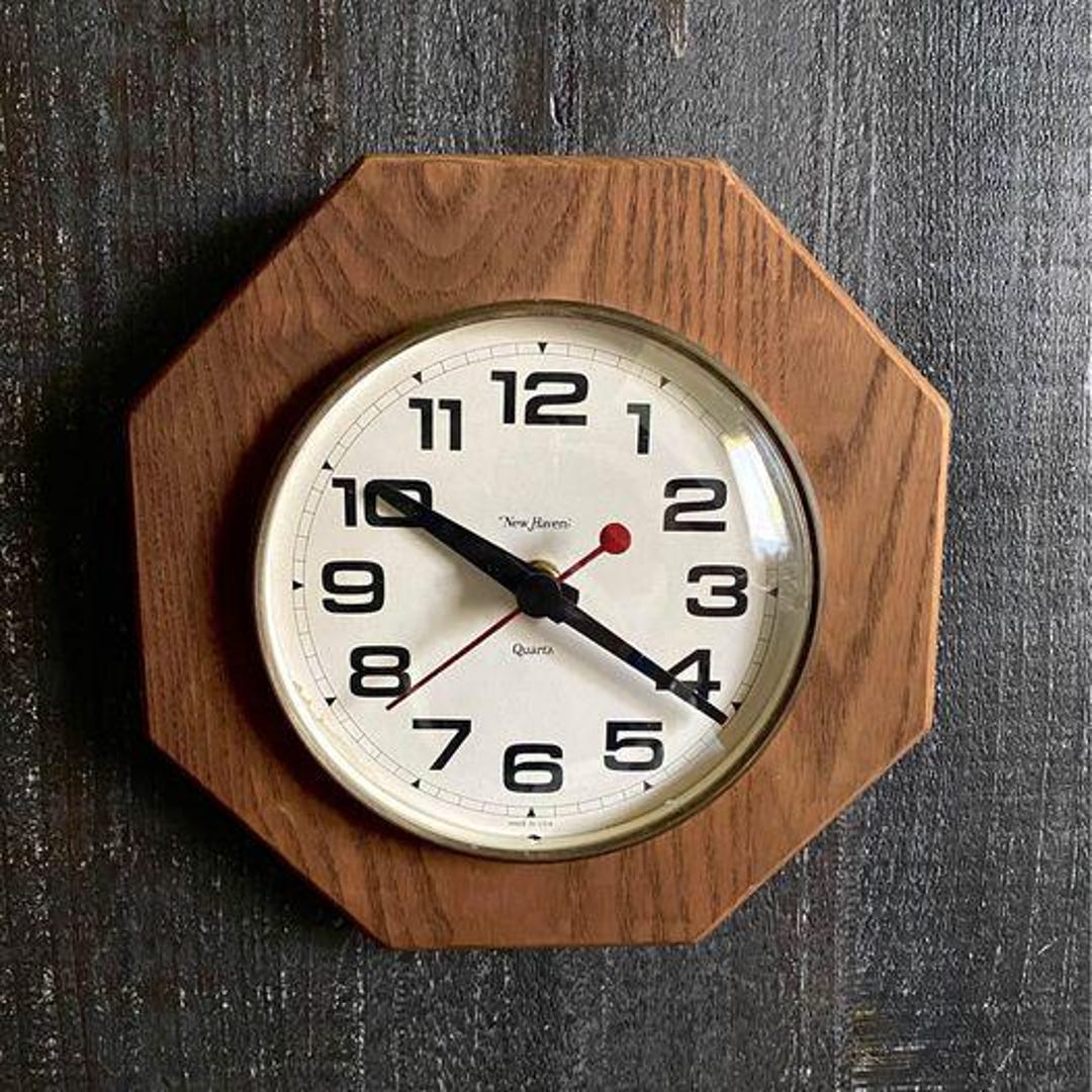 Small Vintage 1980s Octagonal Wood Wall Clock by New Haven AA Battery ...