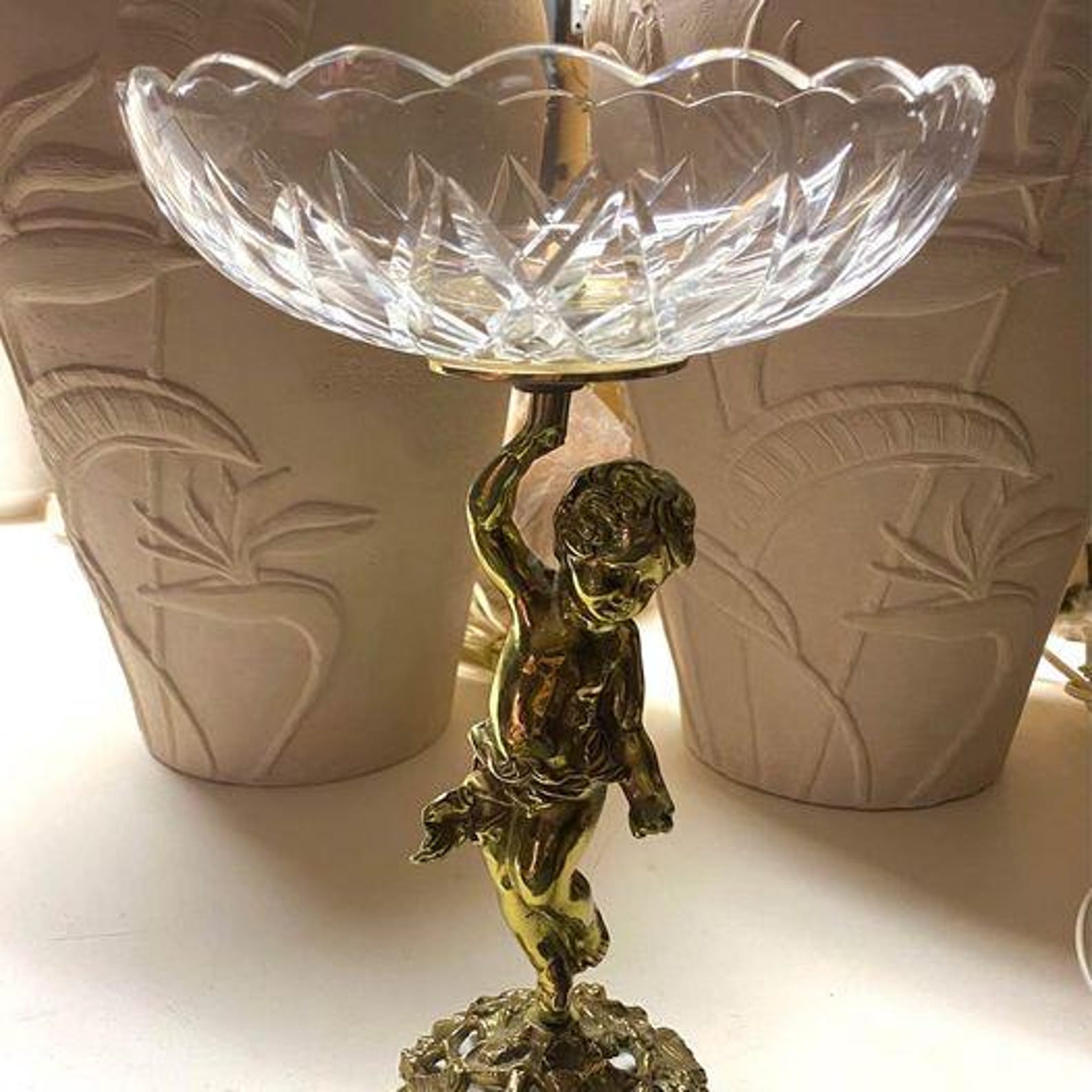 Footed Crystal Glass Compote Bowl W Gold Plated brass Cherub Base 1960s ...