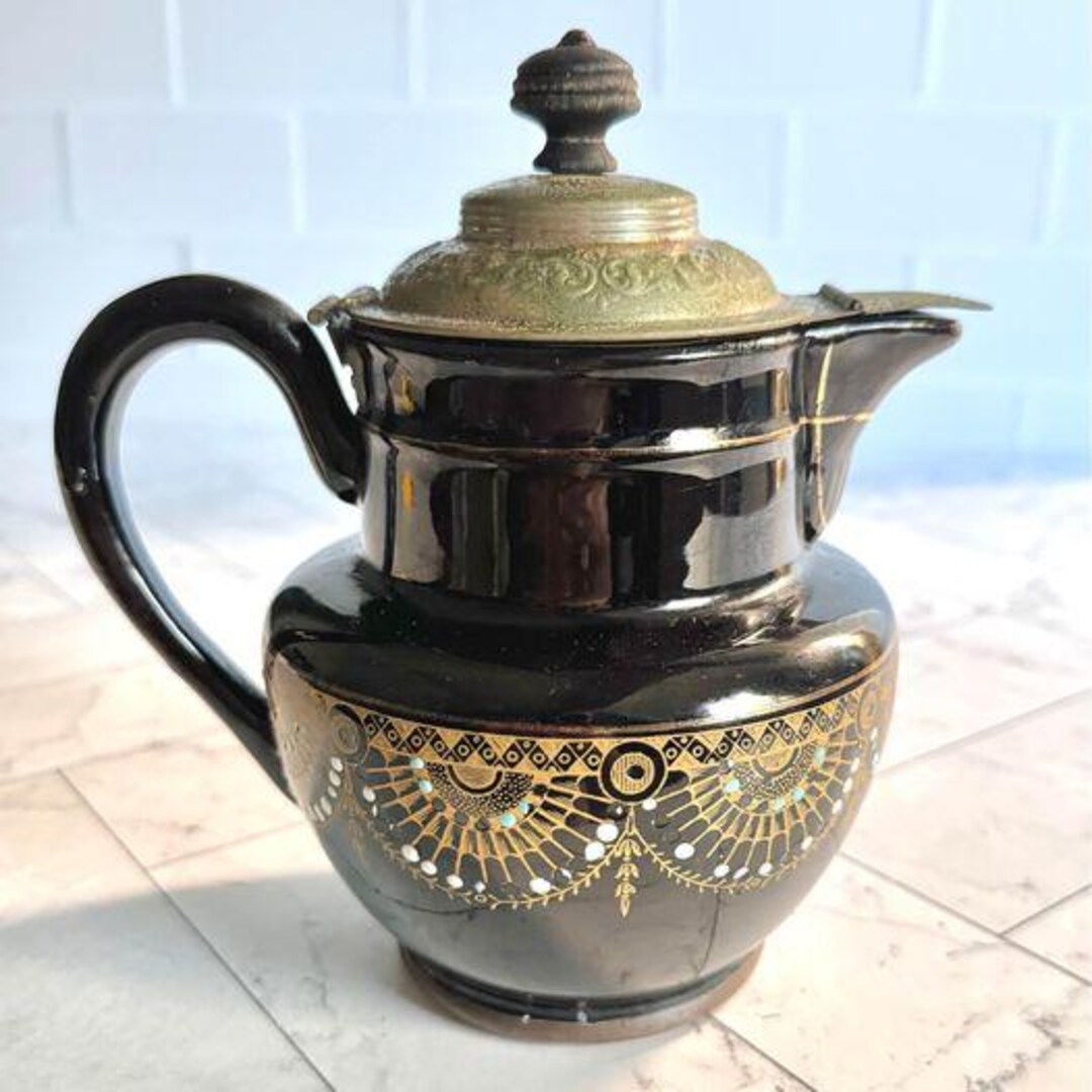 Antique Alexandra Pottery Black Porcelain and Metal Teapot - Manning Bowman- Burslem England ...