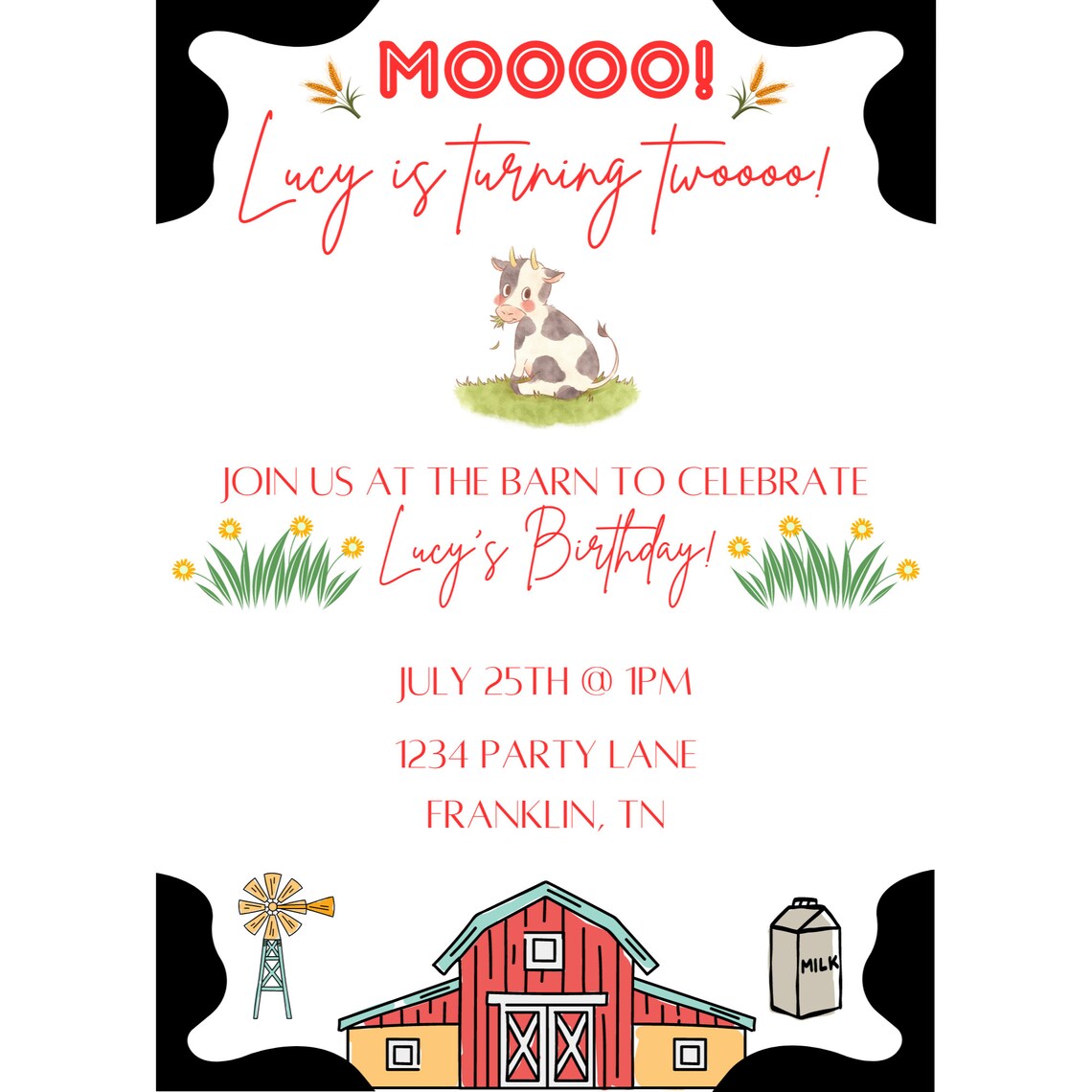 Editable Cow Birthday Party Invitation Template, Digital Download, Farm ...